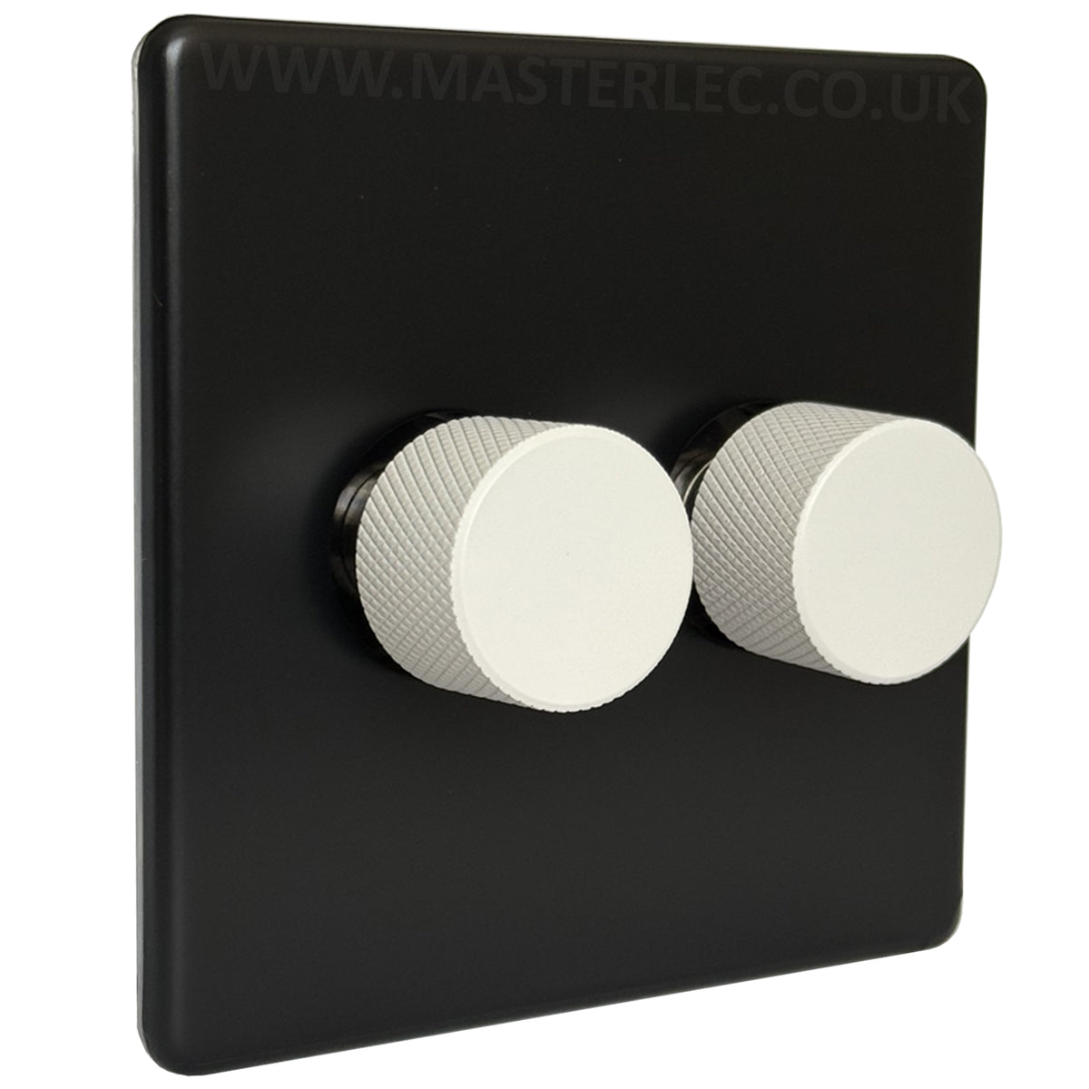 Matt Black Screwless Double 2 Gang Dimmer Switch with Matt White Knurl — Masterlec