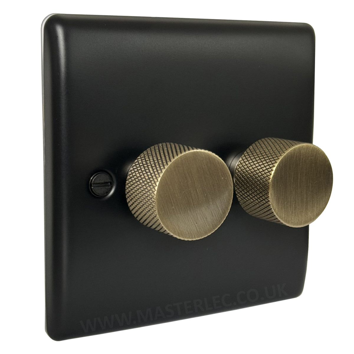 Matt Black 2 Gang Knurled Dimmer Switch with Antique Brass Dimmer Knob ...