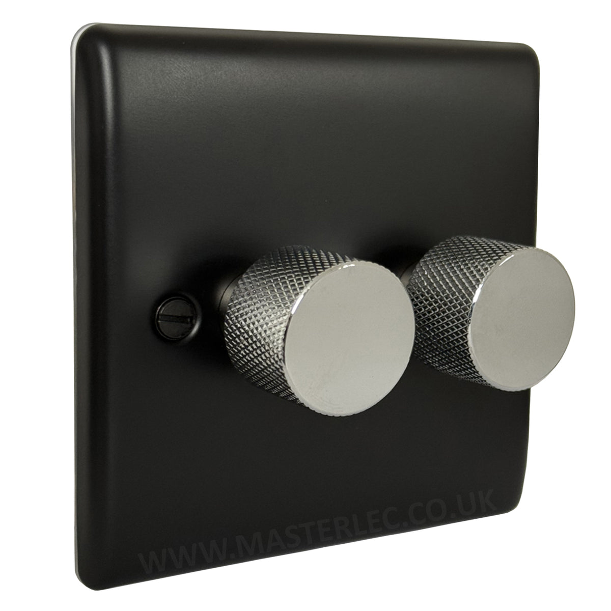 Matt Black 2 Gang Knurled Dimmer Switch with Polished Chrome Dimmer Kn ...