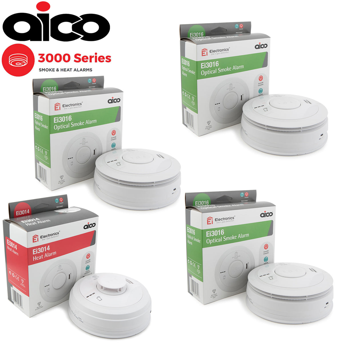 Aico Fire Alarm Kit 3x Ei3016 Optical Smoke & 1x Ei3014 Heat Alarm Kit ...