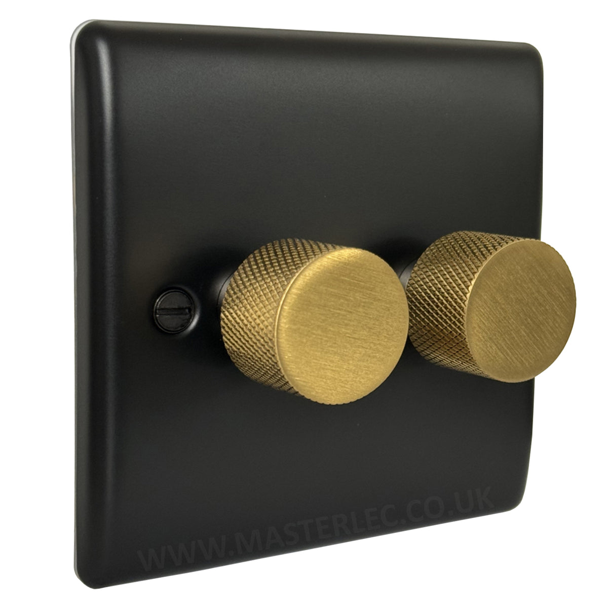 Matt Black 2 Gang Knurled Dimmer Switch with Satin Brass / Antique Gol ...