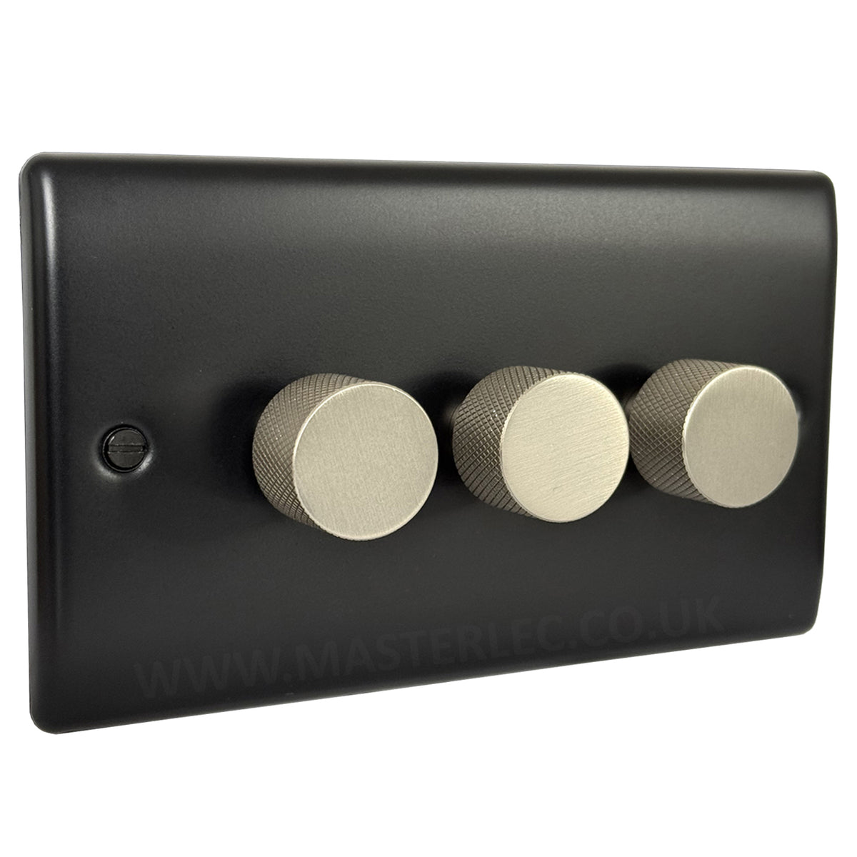 Matt Black 3 Gang Knurled Dimmer Switch with Brushed Steel / Stainless ...