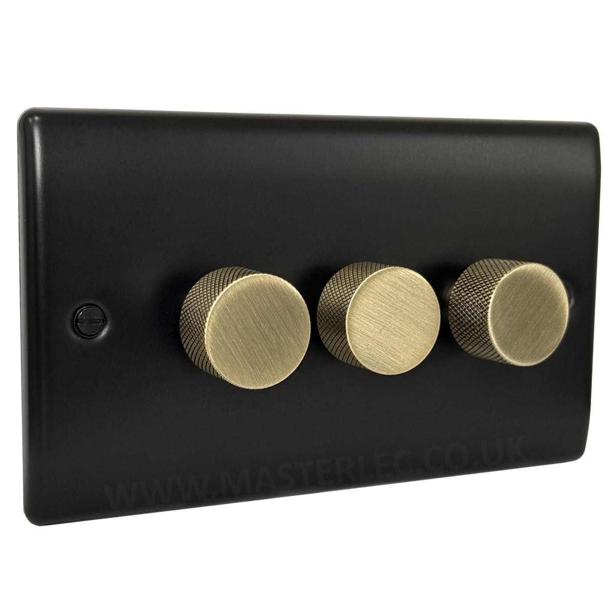 Matt Black 3 Gang Knurled Dimmer Switch with Antique Brass Dimmer Knob ...