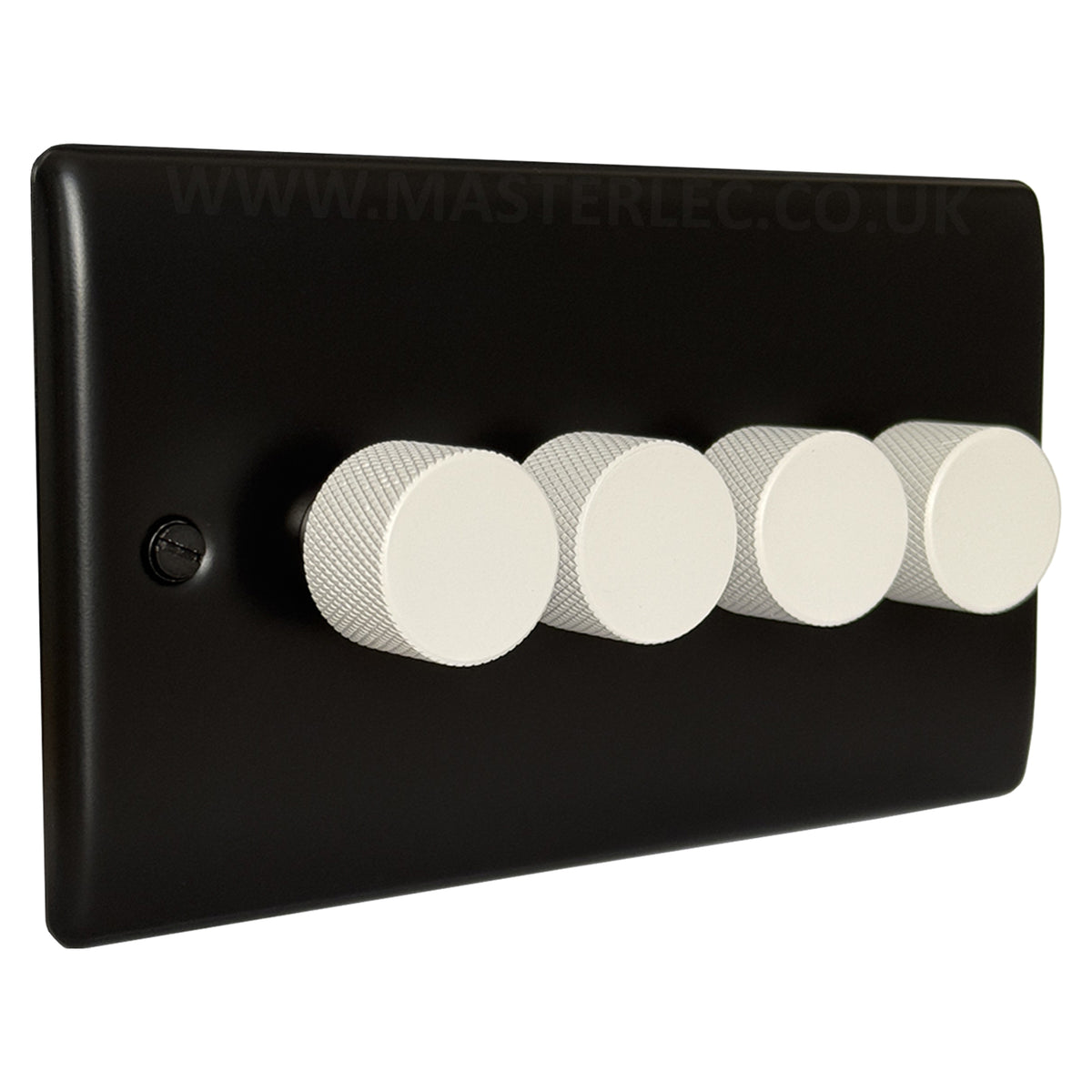 Matt Black Screwed Quad 4 Gang Dimmer Switch with Matt White Knurled D ...