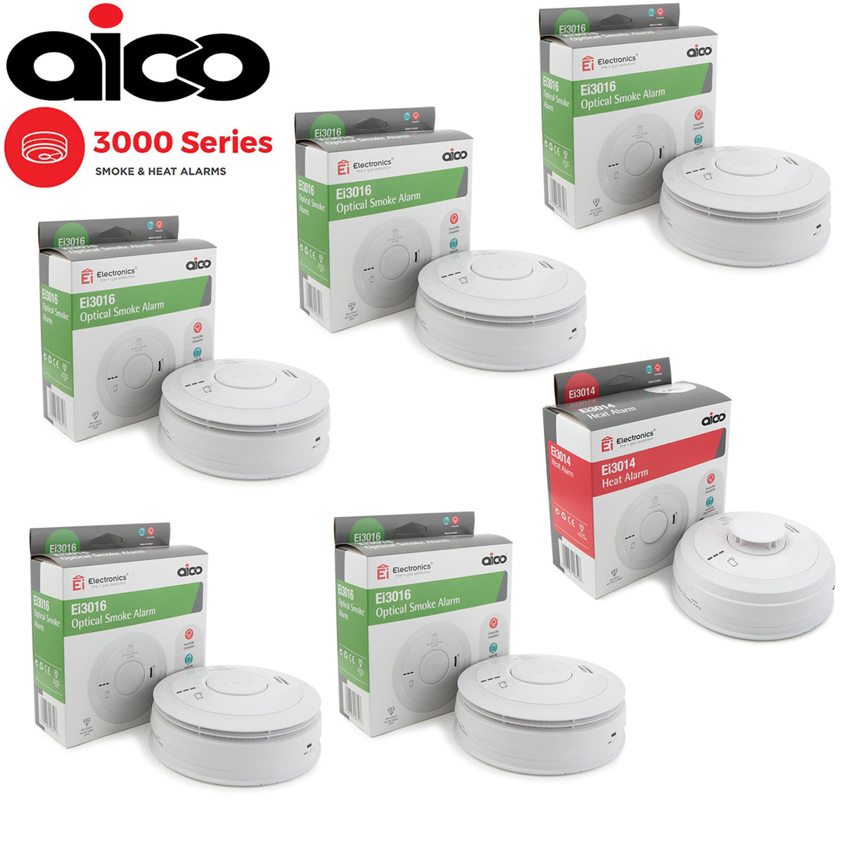 Aico Fire Alarm Kit 5x Ei3016 Optical Smoke & 1x Ei3014 Heat Alarm Kit ...