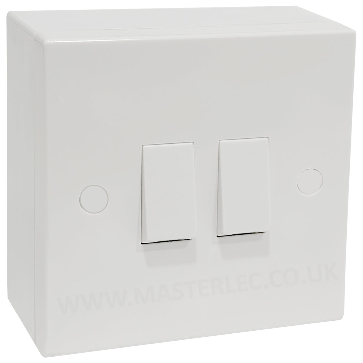 White 2 Gang Square Edge Double Light Switch & 25mm Surface Pattress B ...