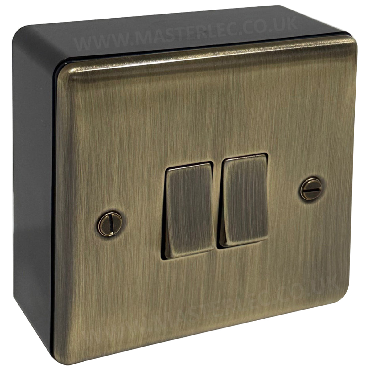 Antique Brass 2 Gang Double Light Switch & 32mm Black Surface Pattress ...