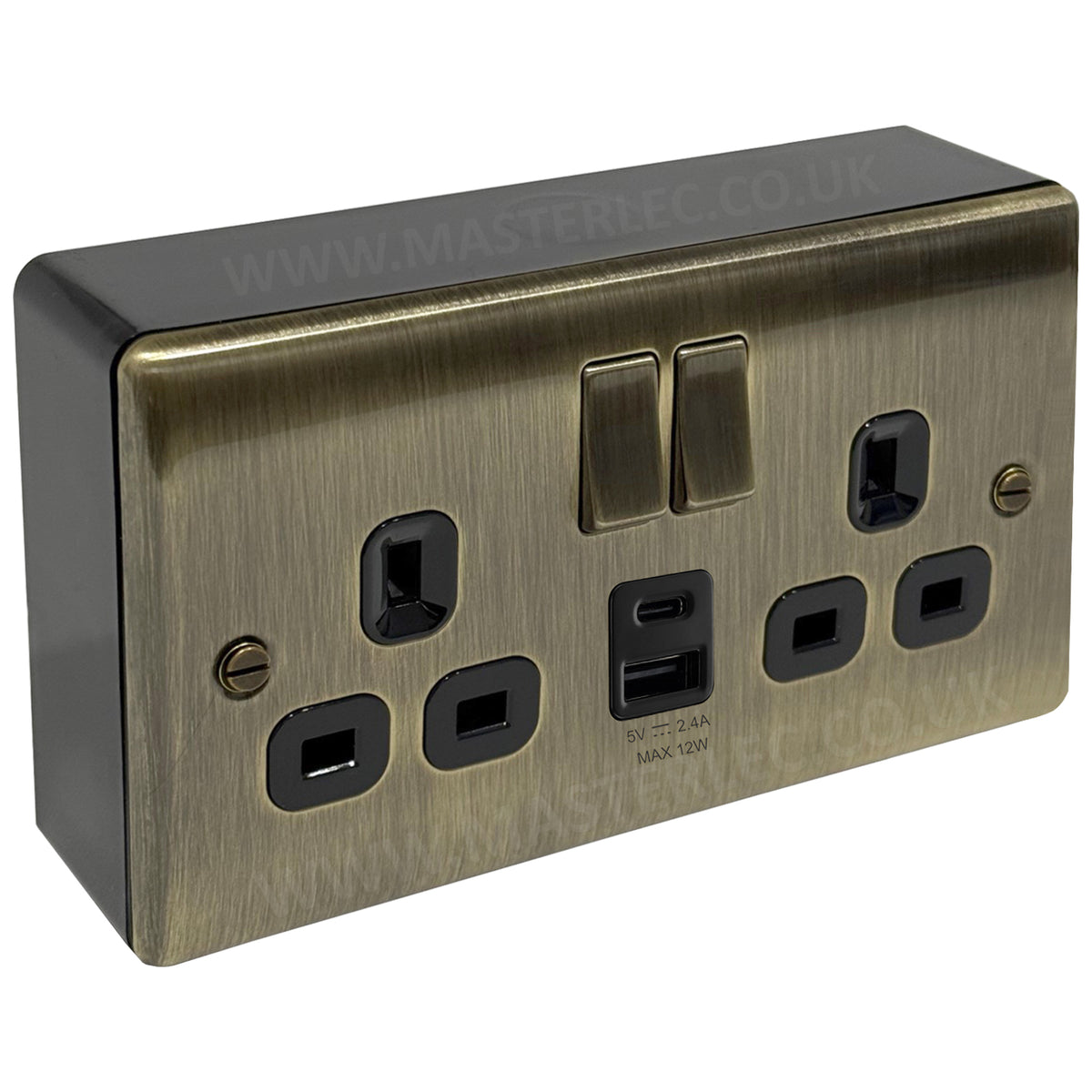 Antique Brass USB Double Socket 12W Type A&C & 32mm Black Surface Patt ...