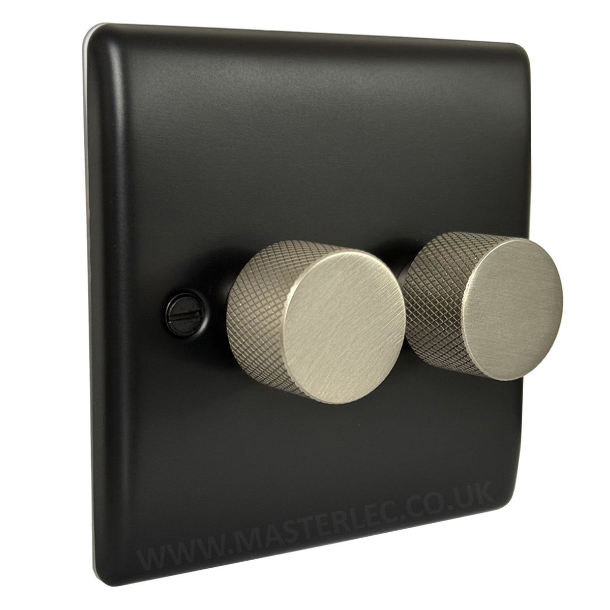 Matt Black 2 Gang Knurled Dimmer Switch with Brushed Steel / Stainless ...