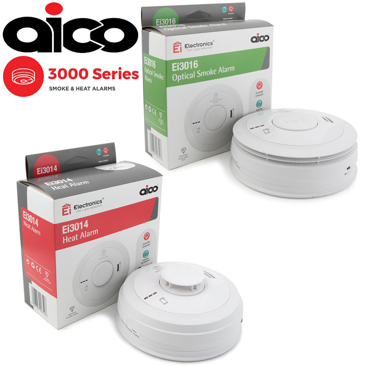 Aico Fire Alarm Kit 1x Ei3016 Optical Smoke & 1x Ei3014 Heat Alarm Kit ...