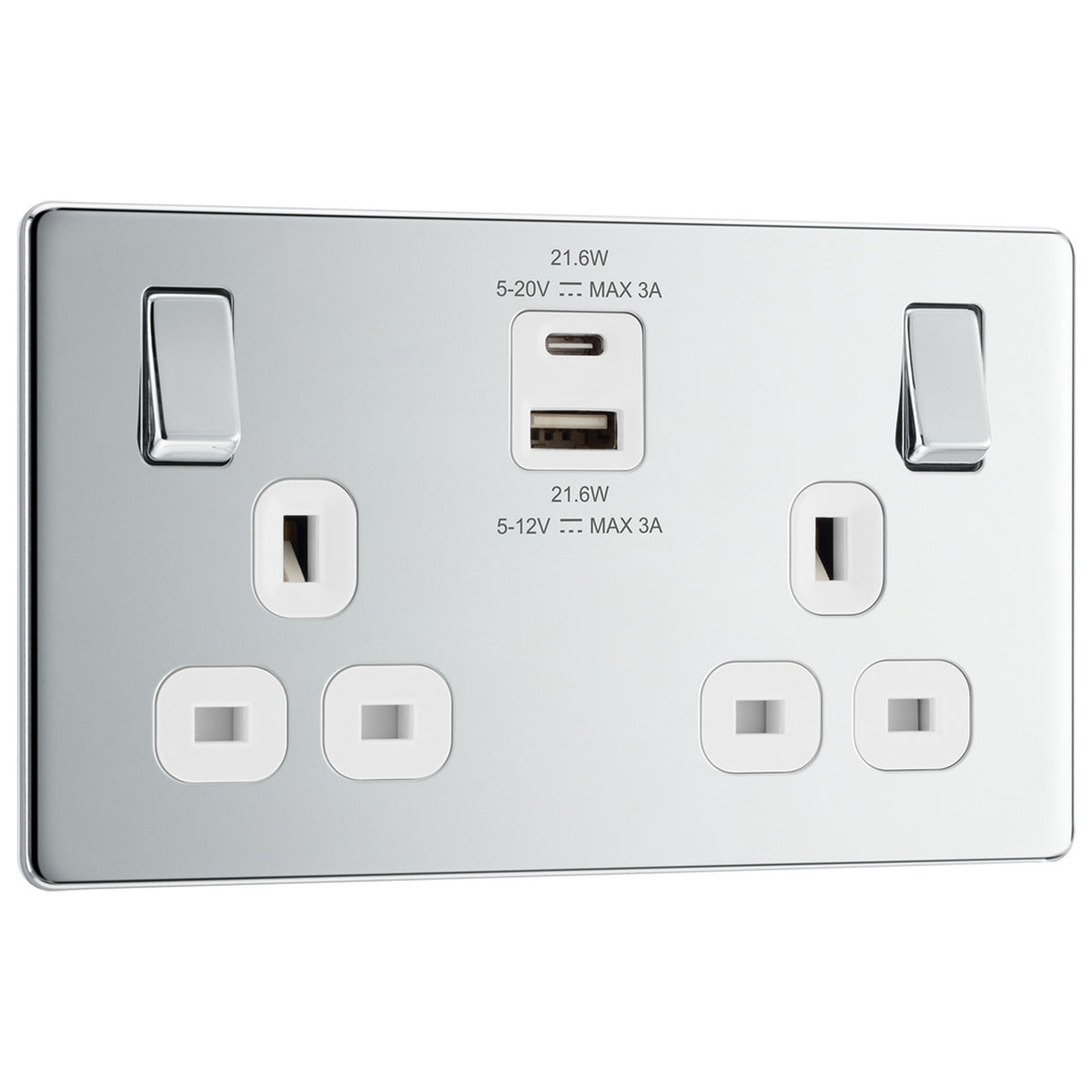 BG Screwless FPC22UAC22W Type A & C USB Polished Chrome Double Socket ...