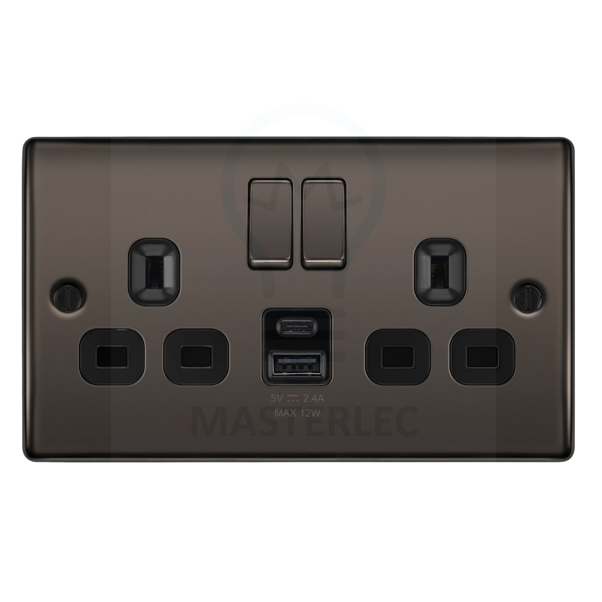 BG NBN22UAC12B Black Nickel Double Socket with USB 12W Type A & Type C ...
