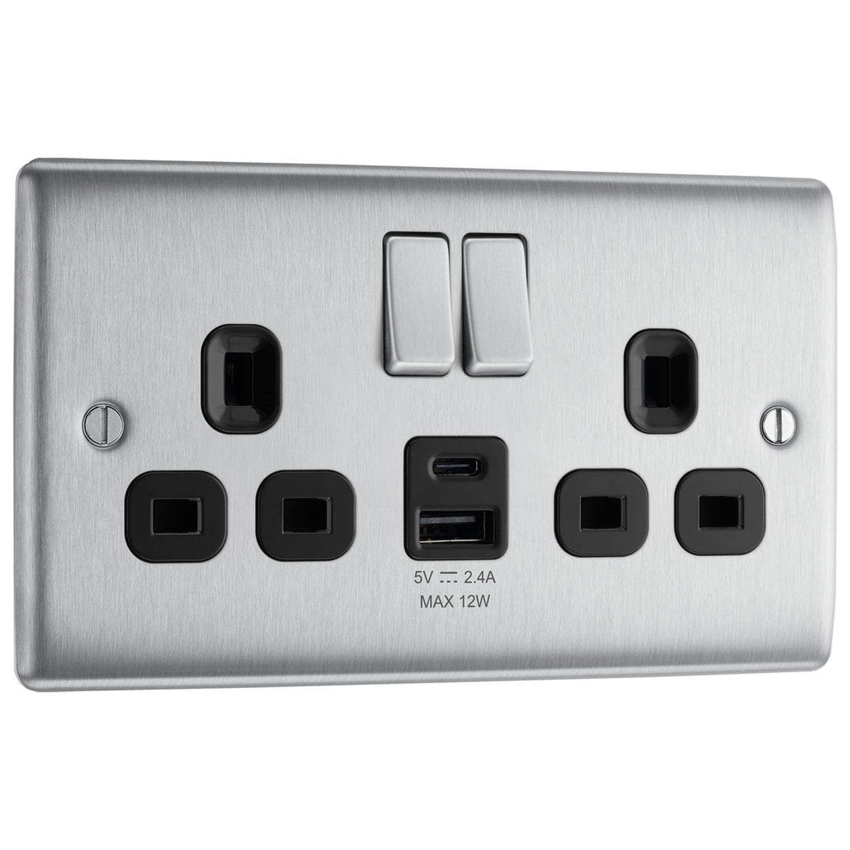 BG Nexus NBS22UAC12B Brushed Steel Double Socket with USB 12W Type A ...