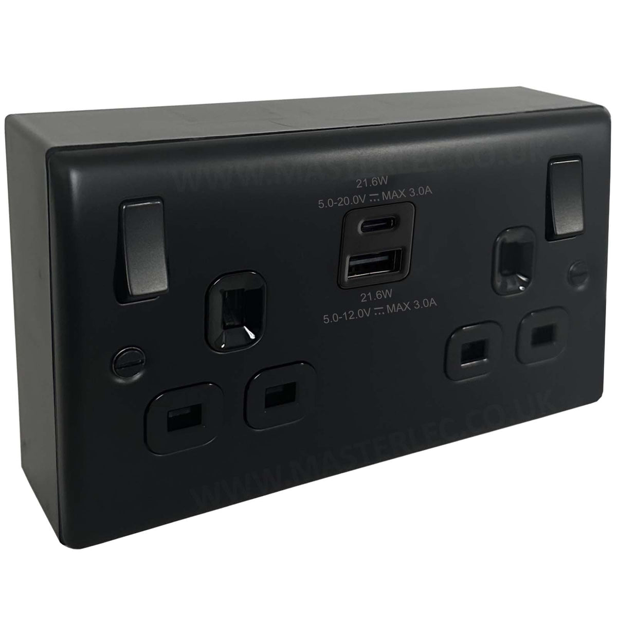 Matt Black 22W USB Double Socket & 32mm Black Surface Pattress Back Bo ...