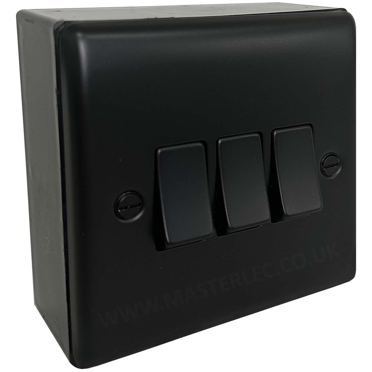 Matt Black 3 Gang Triple Light Switch with 32mm Black Surface Pattress ...