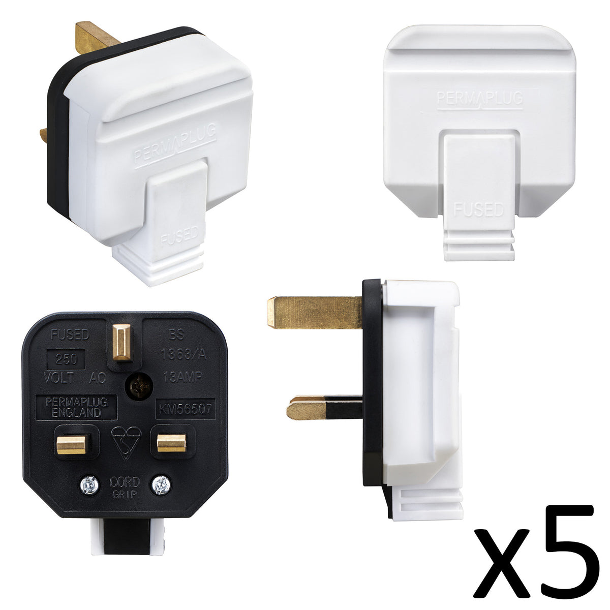 5x White Rubber Plug Top Heavy Duty Permaplug 13 Amp Fused 3 Pin Plug ...