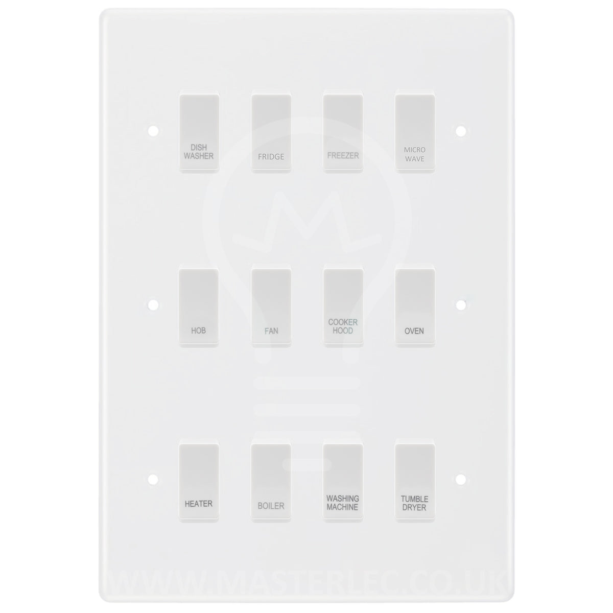 BG White Moulded 12 Gang Custom Labelled Appliance Grid Switch — Masterlec