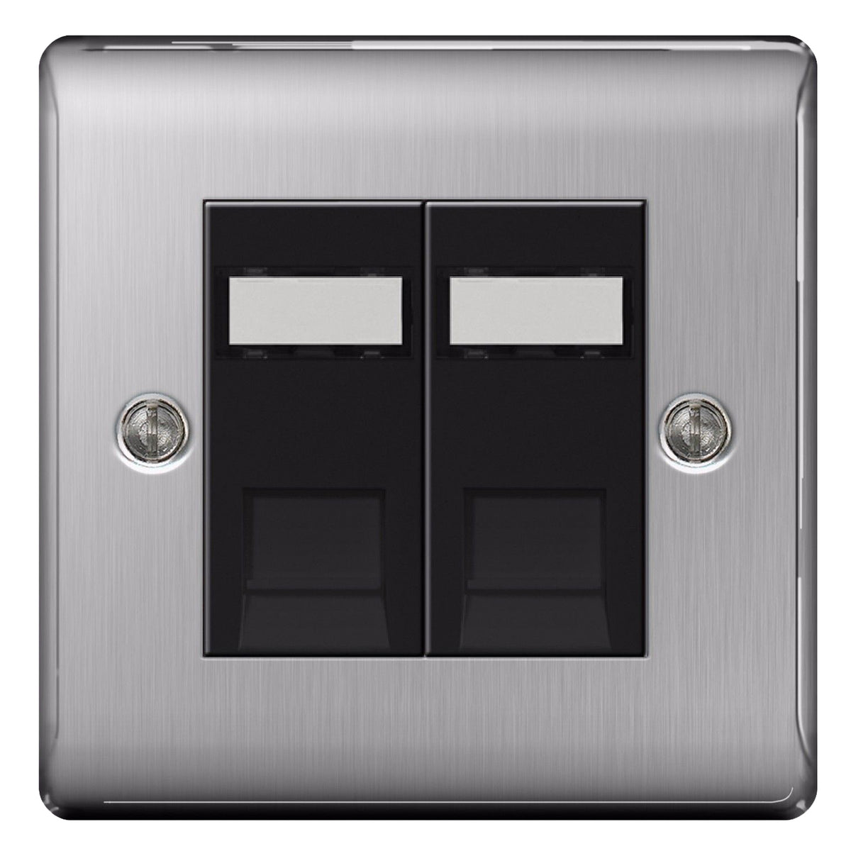 BG Nexus Metal Brushed Steel 2 Gang RJ45 Socket NBSRJ452 Black Inserts ...