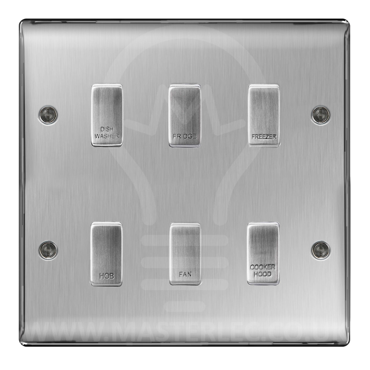 BG Brushed Steel 6 Gang Engraved Custom Labelled Appliance Grid Switch ...