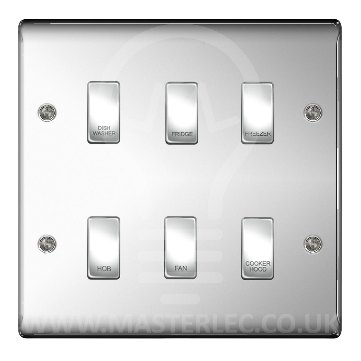 BG Polished Chrome 6 Gang Engraved Custom Labelled Appliance Grid Swit ...