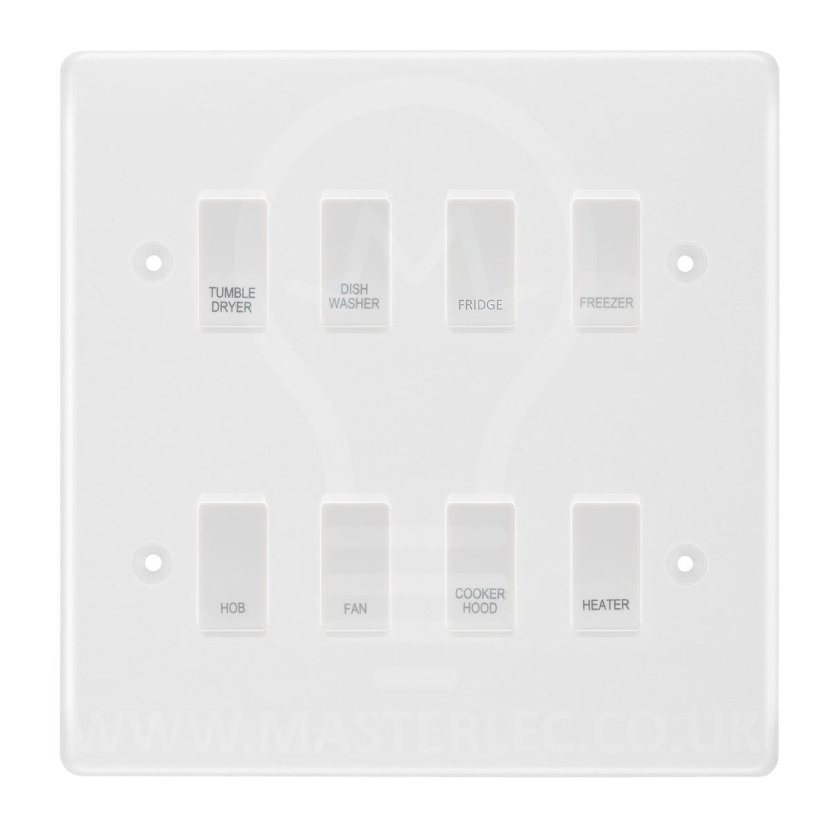 BG White Moulded 8 Gang Custom Labelled Appliance Grid Switch — Masterlec