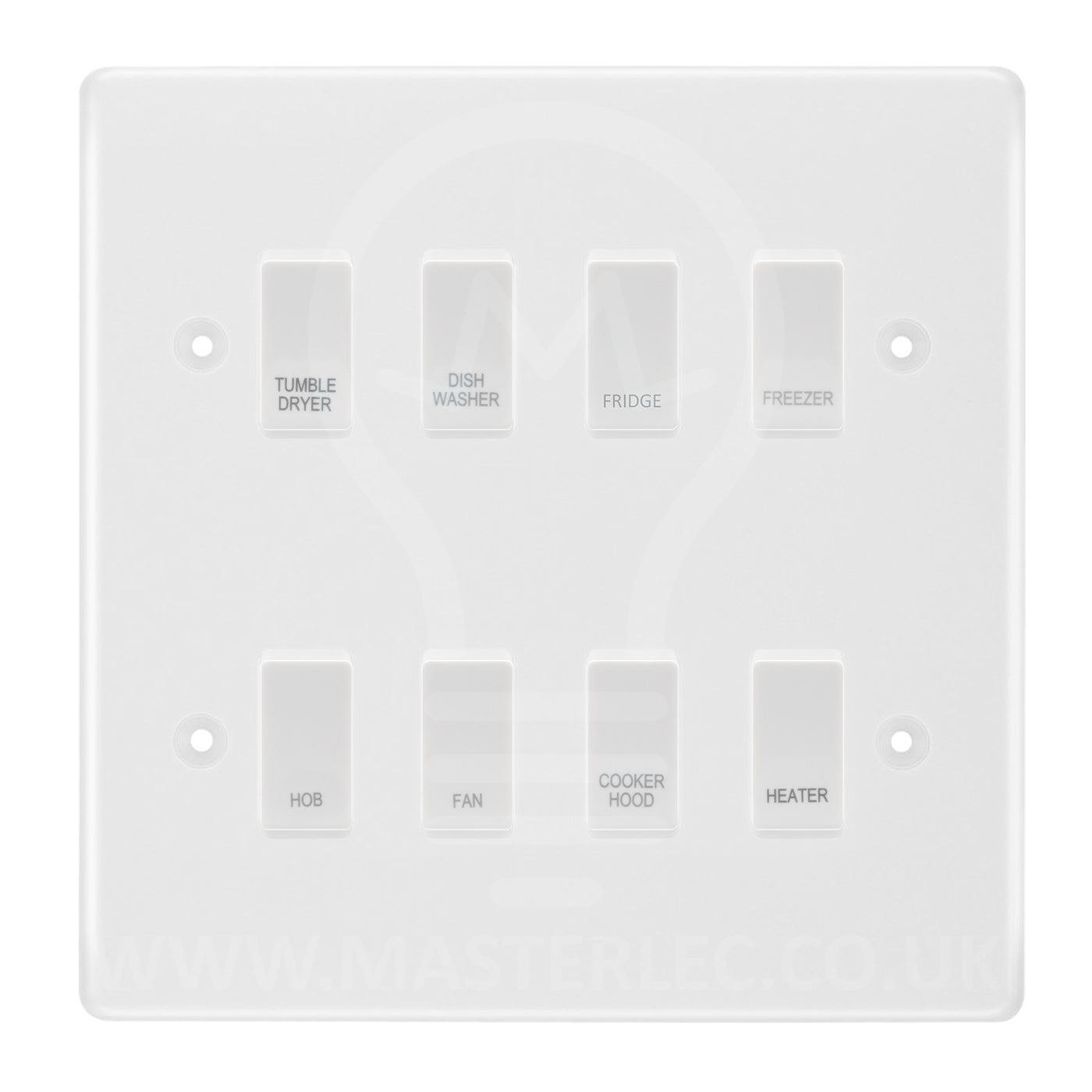 BG White Moulded 8 Gang Custom Labelled Appliance Grid Switch — Masterlec