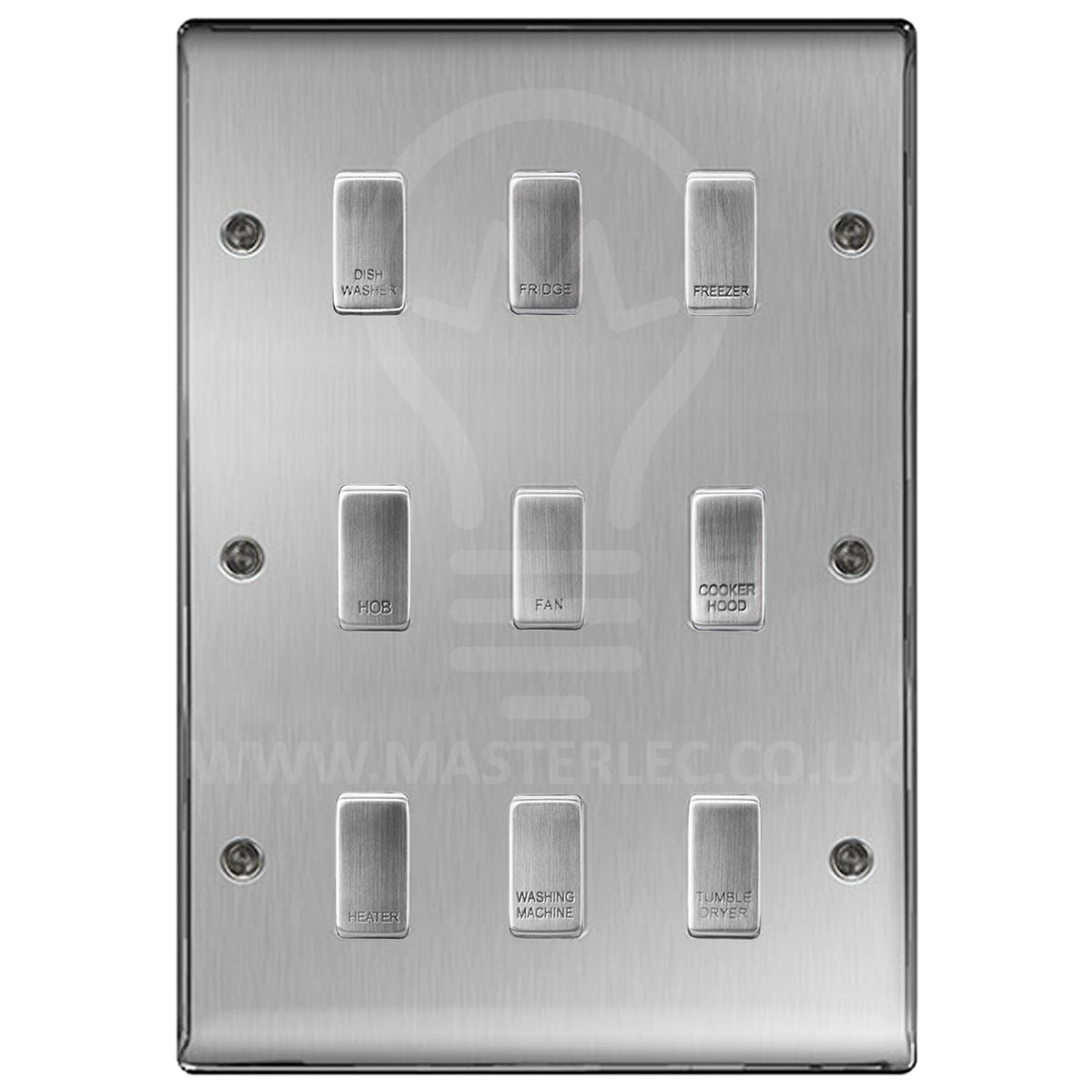 BG Brushed Steel 9 Gang Engraved Custom Labelled Appliance Grid Switch ...