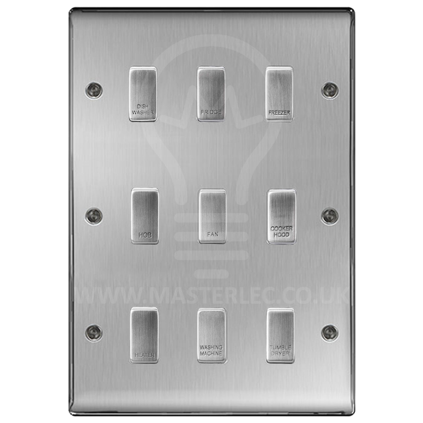 BG Brushed Steel 9 Gang Engraved Custom Labelled Appliance Grid Switch ...