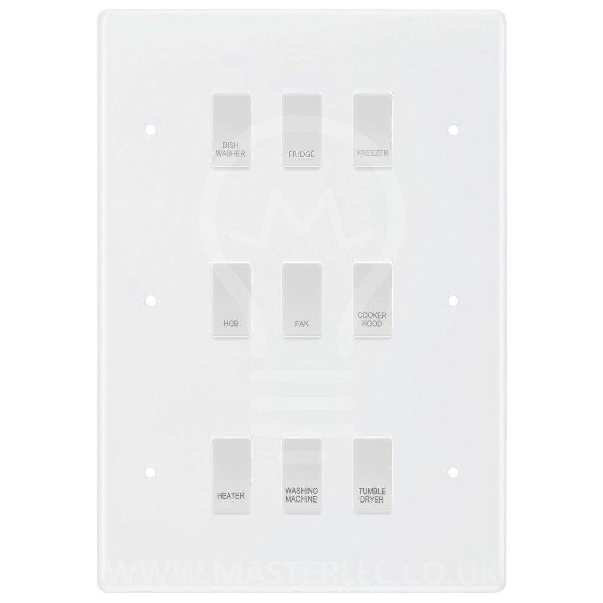 BG White Moulded 9 Gang Custom Labelled Appliance Grid Switch — Masterlec