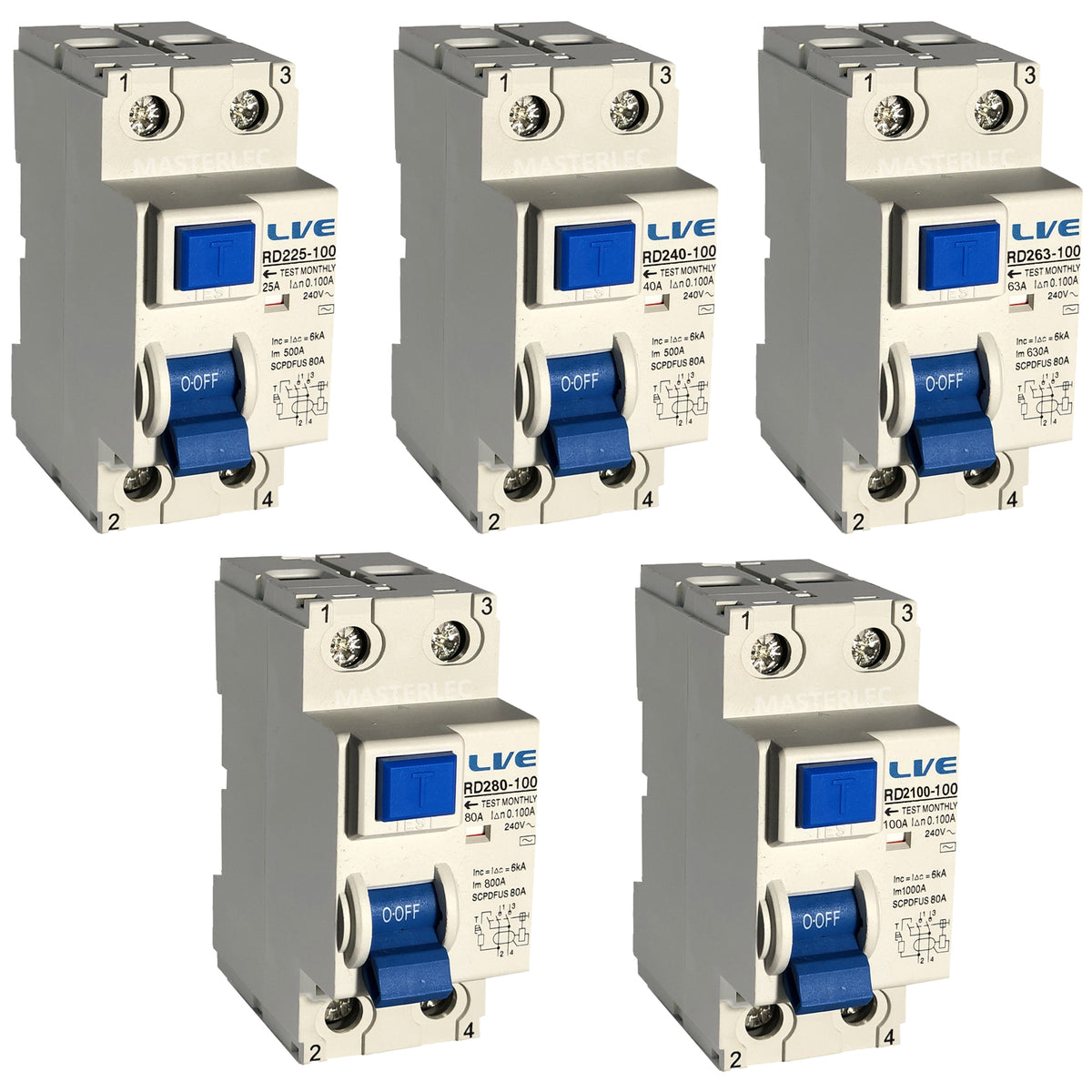 Live 2 Pole RCD 25 - 100 Amp 100mA Double Pole RCD — Masterlec