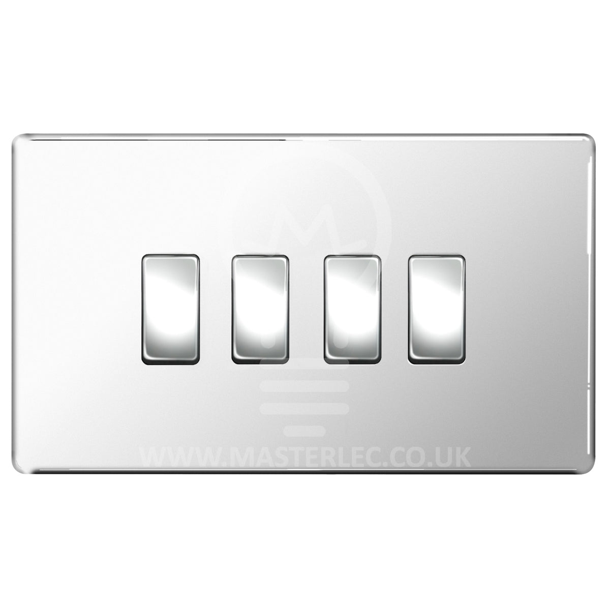 BG Polished Chrome Screwless Flat Plate 4 Gang Light Switch 2x Interme ...